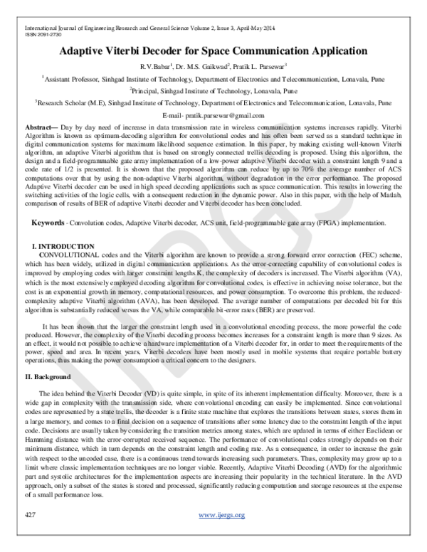 (PDF) Adaptive Viterbi Decoder for Space Communication Application