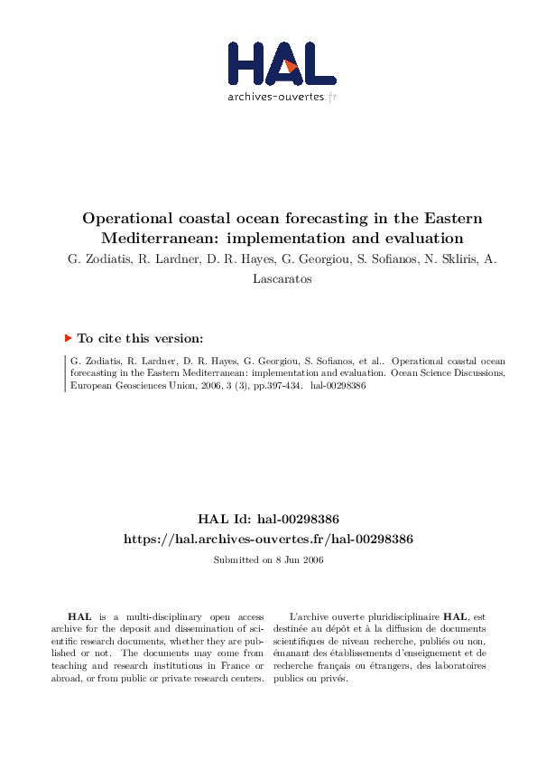Pdf Operational Coastal Ocean Forecasting In The Eastern Mediterranean Implementation And