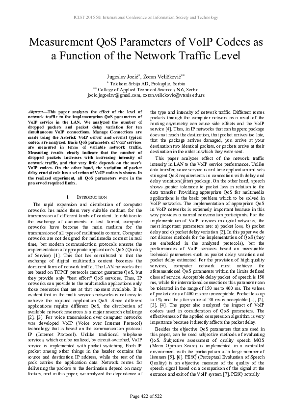 (PDF) Measurement QoS Parameters of VoIP Codecs as a Function of the Network Traffic Level