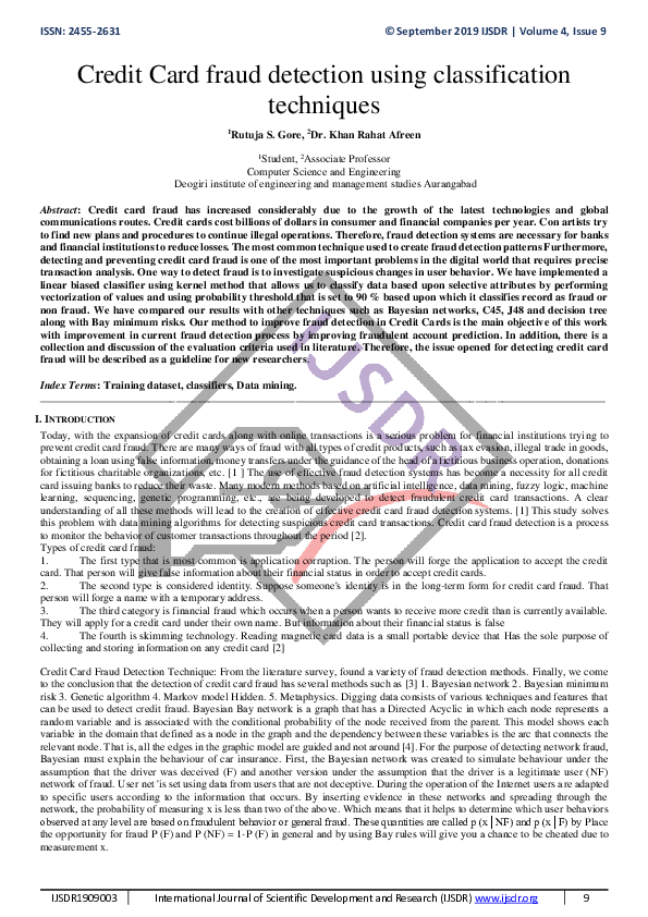 (PDF) Credit Card fraud detection using classification techniques