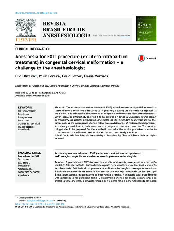 (PDF) Anesthesia for EXIT procedure (ex utero intrapartum treatment) in ...