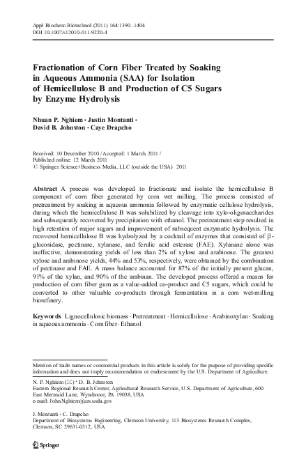 (PDF) Fractionation of Corn Fiber Treated by Soaking in Aqueous Ammonia ...