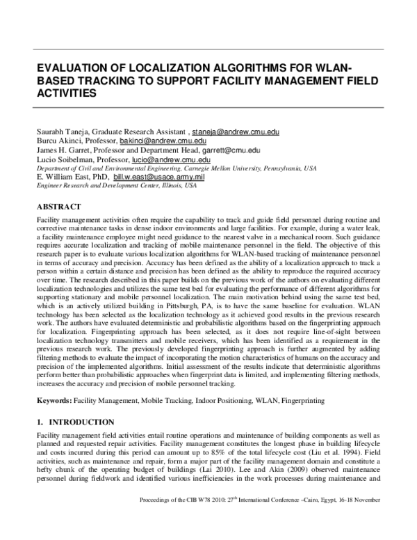 Pdf Evaluation Of Localization Algorithms For Wlan Based Tracking To Support Facility