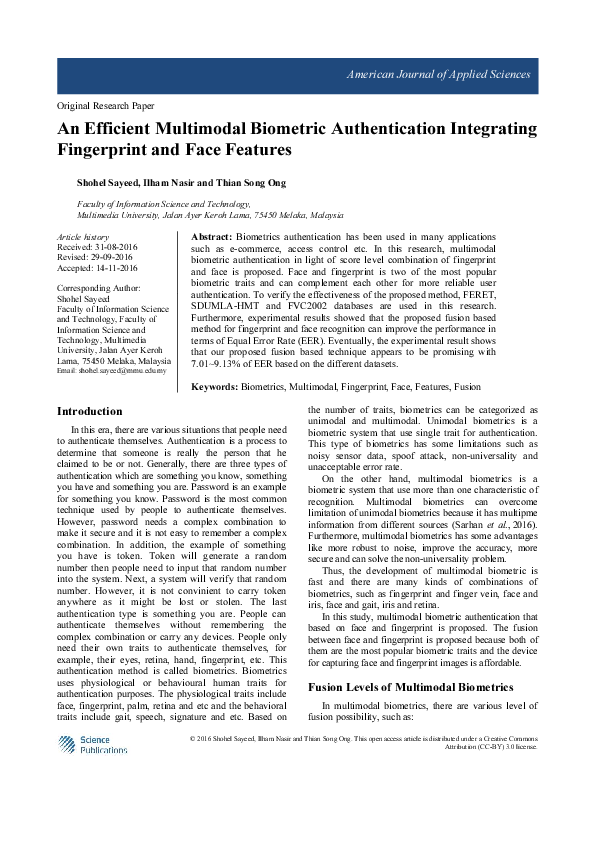 Pdf An Efficient Multimodal Biometric Authentication Integrating Fingerprint And Face Features