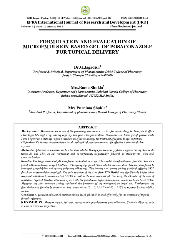 (PDF) Formulation and Evaluation of Microemulsion Based Gel of Posaconazole for Topical Delivery