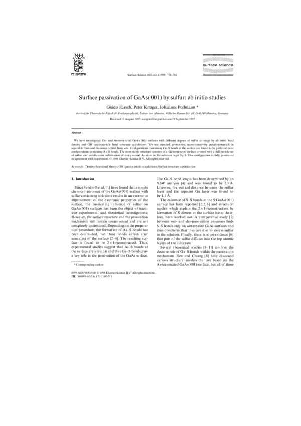 (PDF) Surface passivation of GaAs(001) by sulfur: ab initio studies ...