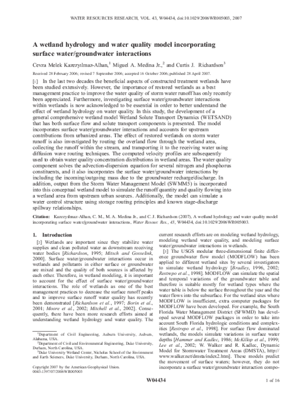 (PDF) A wetland hydrology and water quality model incorporating surface water/groundwater ...