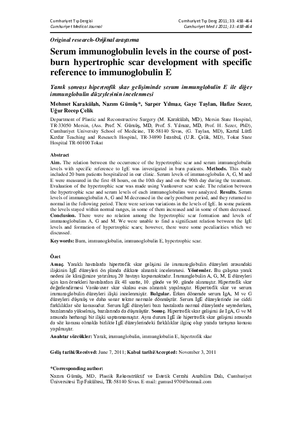 Original research-Orijinal araştırma Serum immunoglobulin levels in the course of post-burn ...