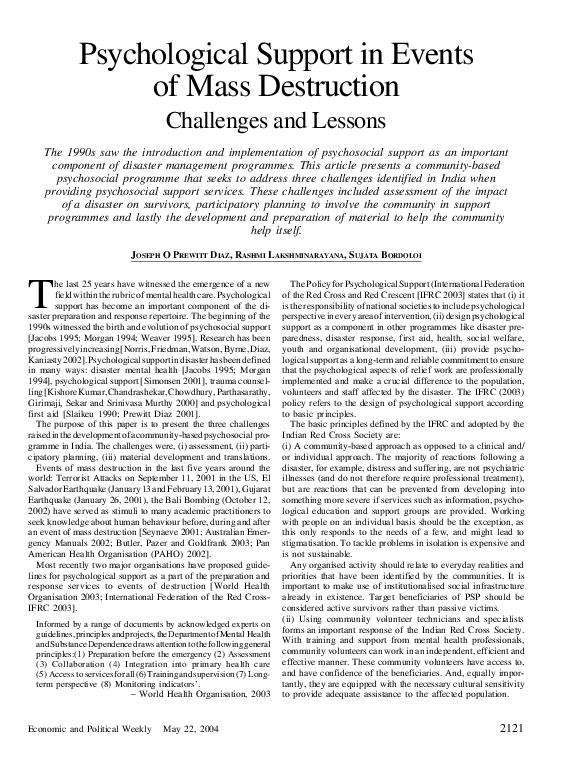 (PDF) Psychological Support in Events of Mass Destruction: Challenges ...