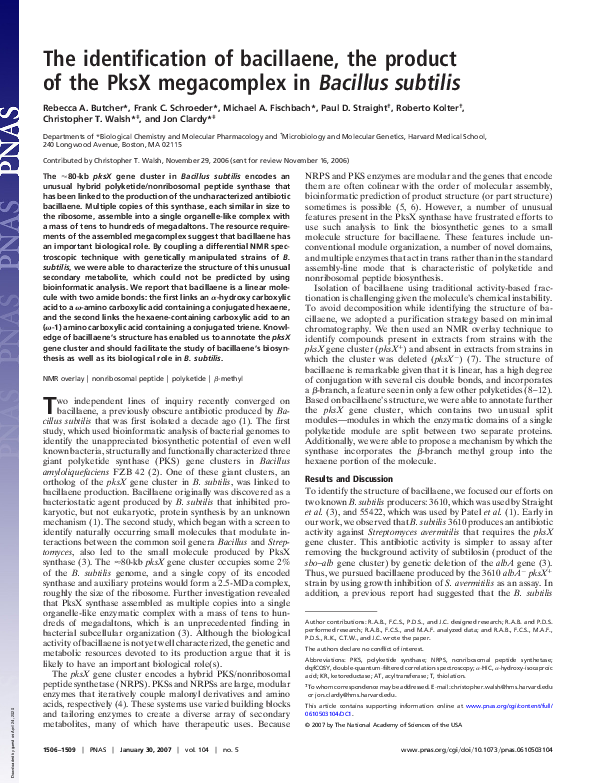 (PDF) The identification of bacillaene, the product of the PksX ...