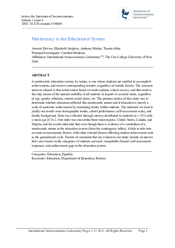 (PDF) Meritocracy in the Educational System | Anthony Mathai - Academia.edu