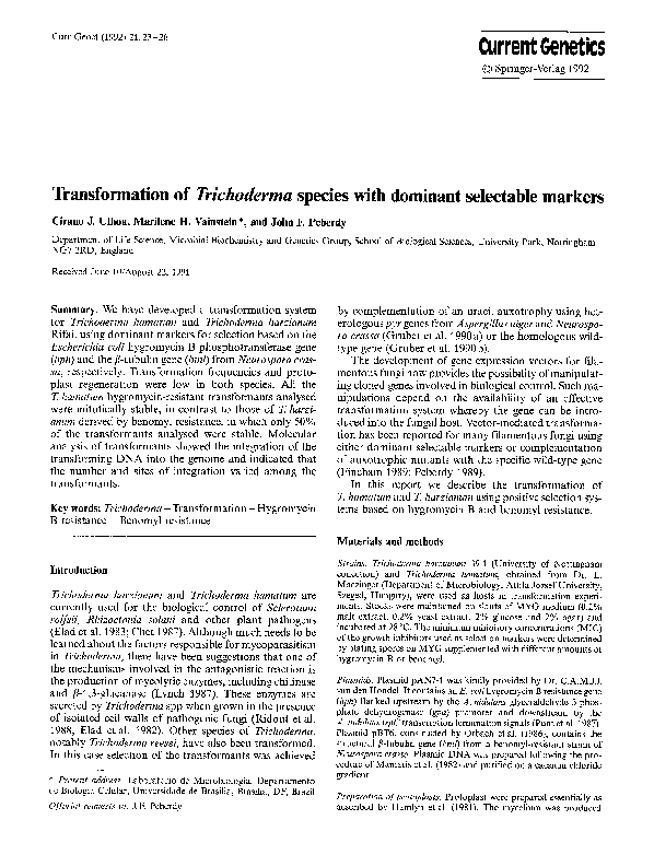 (PDF) Transformation of Trichoderma species with dominant selectable markers