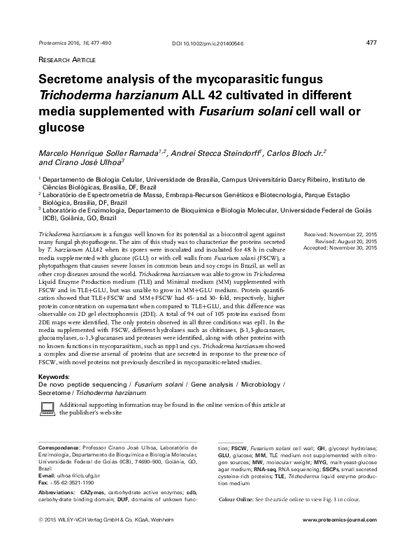 (PDF) Secretome analysis of the mycoparasitic fungus Trichoderma harzianum ALL 42 cultivated in ...