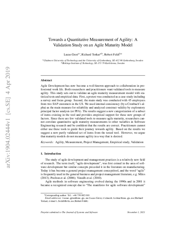 (PDF) Towards a Quantitative Measurement of Agility : A Validation Study on an Agile Maturity Model