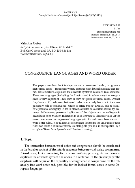 (PDF) Congruence Languages and Word Order