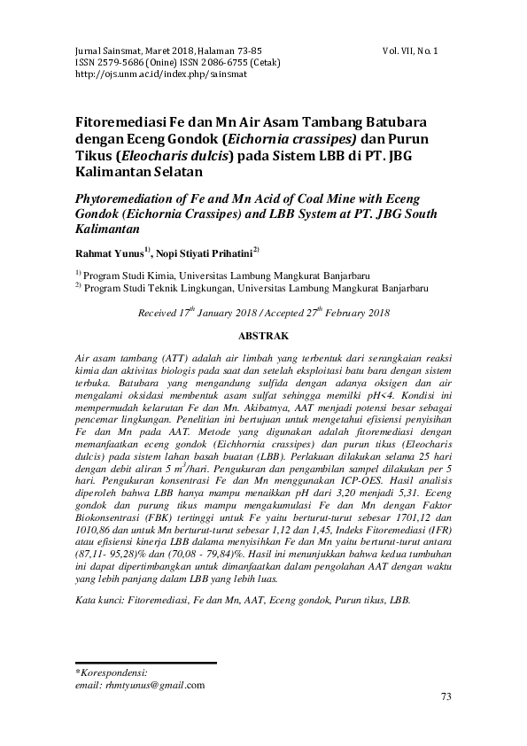 (PDF) Fitoremediasi Fe dan Mn Air Asam Tambang Batubara dengan Eceng ...