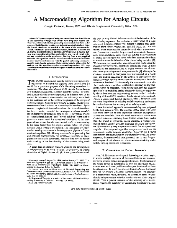 Pdf A Macromodeling Algorithm For Analog Circuits Alberto Sangiovanni Vincentelli