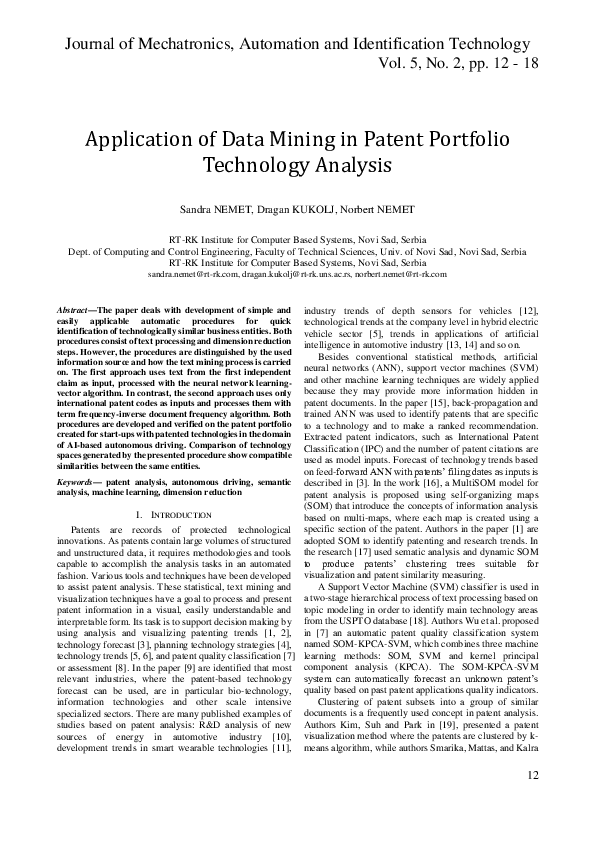 (PDF) Application of Data Mining in Patent Portfolio Technology Analysis