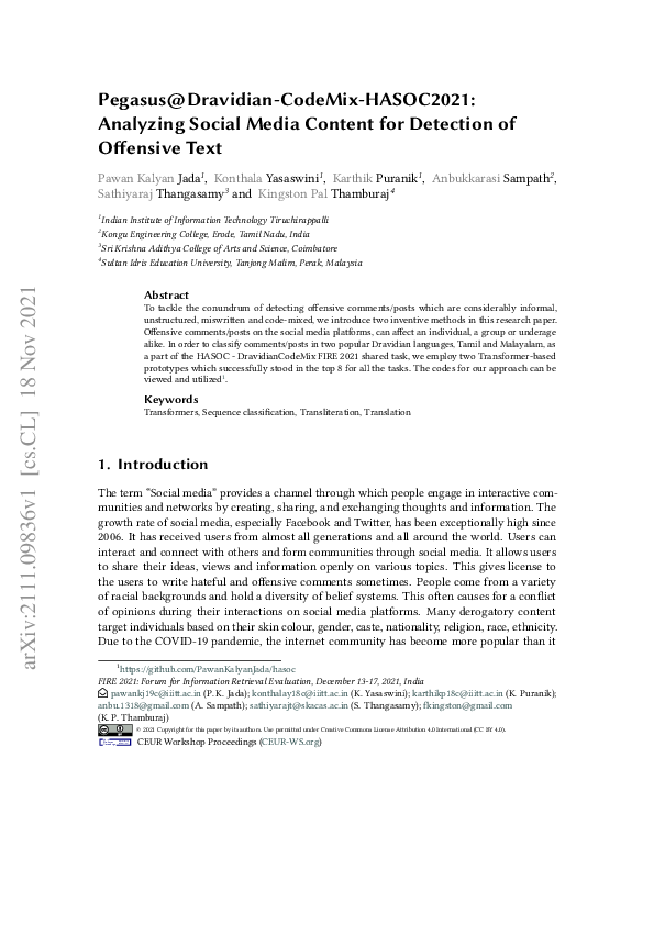(PDF) Pegasus@Dravidian-CodeMix-HASOC2021: Analyzing Social Media Content for Detection of ...