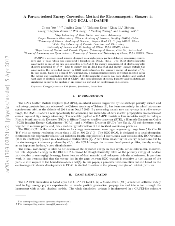 (PDF) A parameterized energy correction method for electromagnetic showers in BGO-ECAL of DAMPE