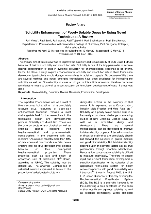 (PDF) Solubility Enhancement of Poorly Soluble Drug by Various Techniques