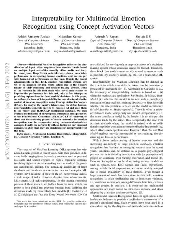 Pdf Interpretability For Multimodal Emotion Recognition Using Concept