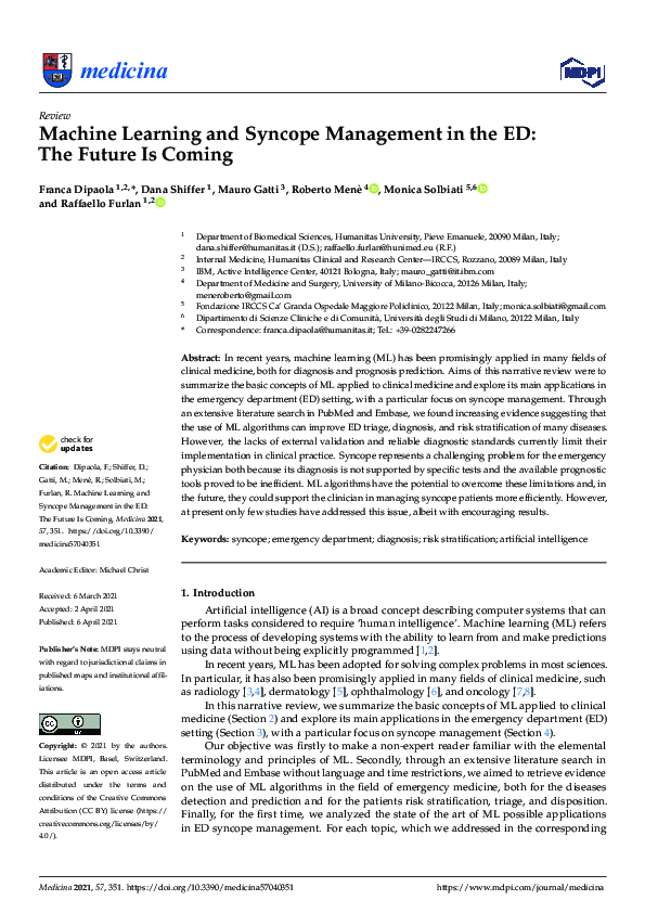 (PDF) Machine Learning and Syncope Management in the ED: The Future Is ...