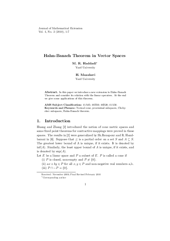 (PDF) Hahn-Banach Theorem in Vector Spaces
