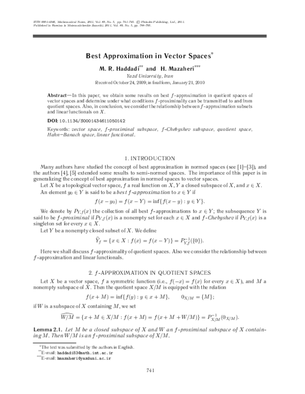 Pdf Best Approximation In Vector Spaces