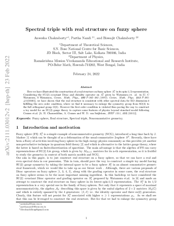 (PDF) Spectral triple with real structure on fuzzy sphere