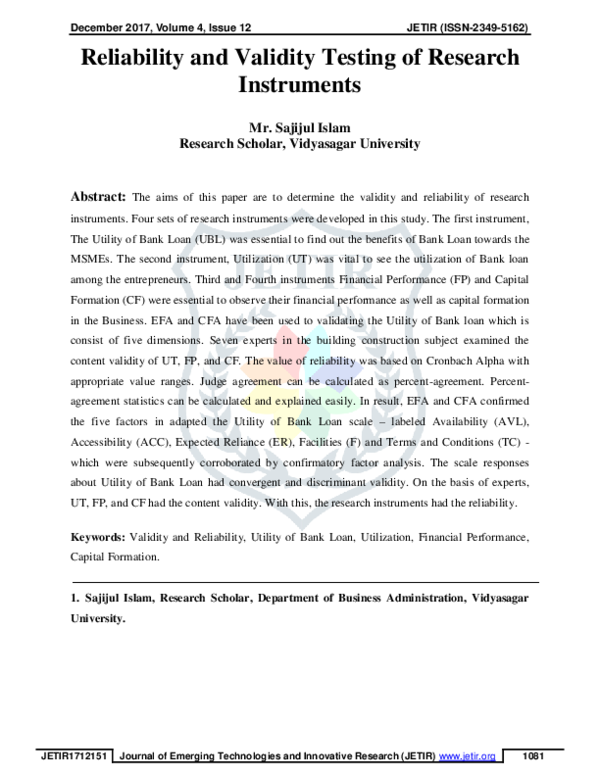 (PDF) Reliability and Validity Testing of Research Instruments