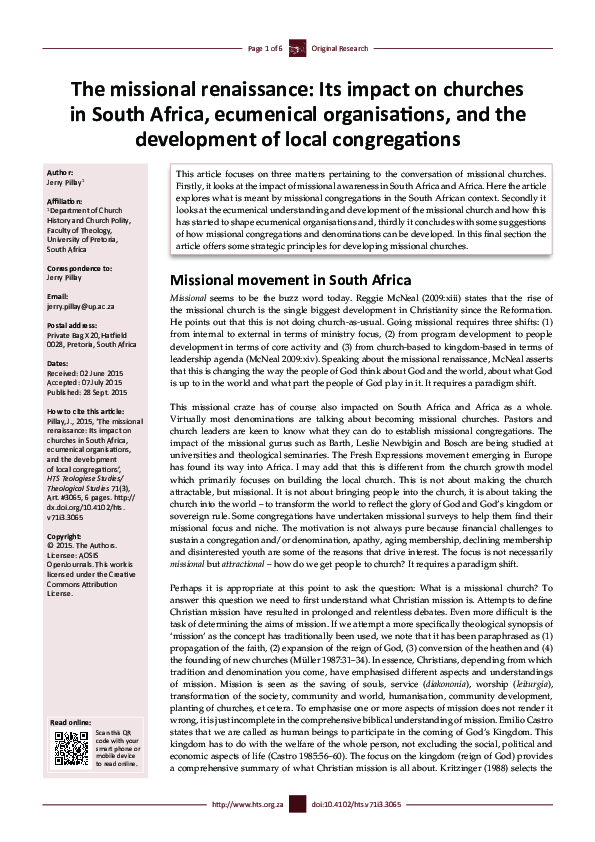 (PDF) The missional renaissance: Its impact on churches in South Africa ...