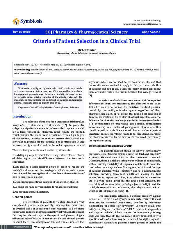 (PDF) Criteria of Patient Selection in a Clinical Trial