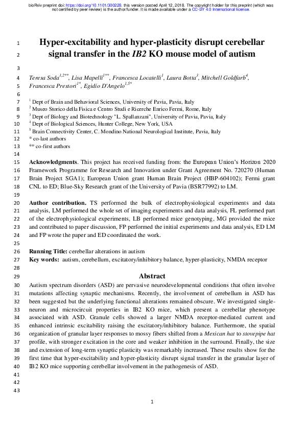 (PDF) Hyper-excitability and hyper-plasticity disrupt cerebellar signal ...
