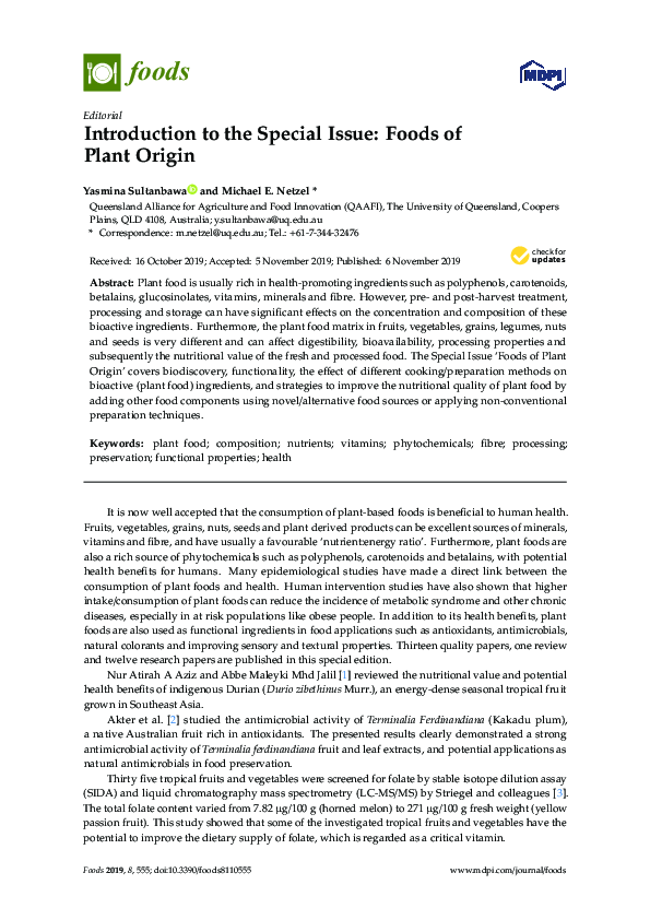 (PDF) Introduction to the Special Issue: Foods of Plant Origin