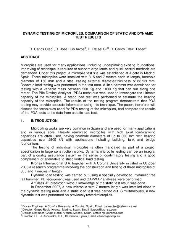 (PDF) 1 Dynamic Testing of Micropiles . Comparison of Static and ...