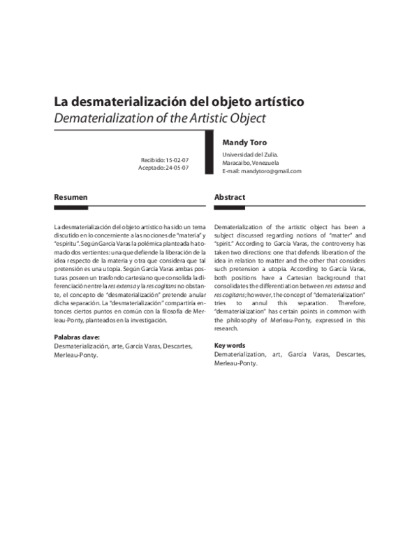 (PDF) La desmaterialización del objeto artístico Dematerialization of ...