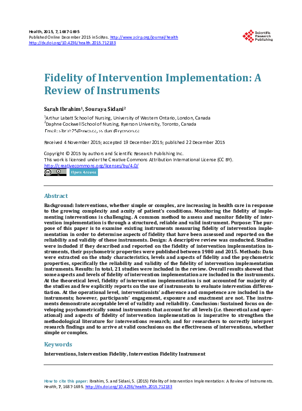 (PDF) Fidelity of Intervention Implementation: A Review of Instruments