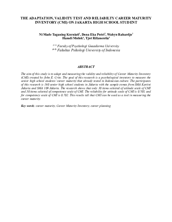 (PDF) The Adaptation, Validity Test and Reliabilty Career Maturity ...