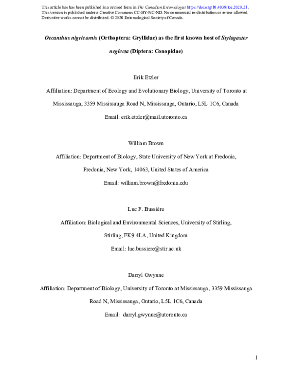 (PDF) Oecanthus nigricornis (Orthoptera: Gryllidae) as the first known ...