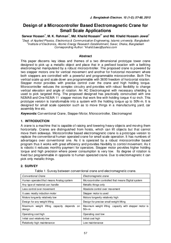 Pdf Design Of A Microcontroller Based Electromagnetic Crane For Small Scale Applications