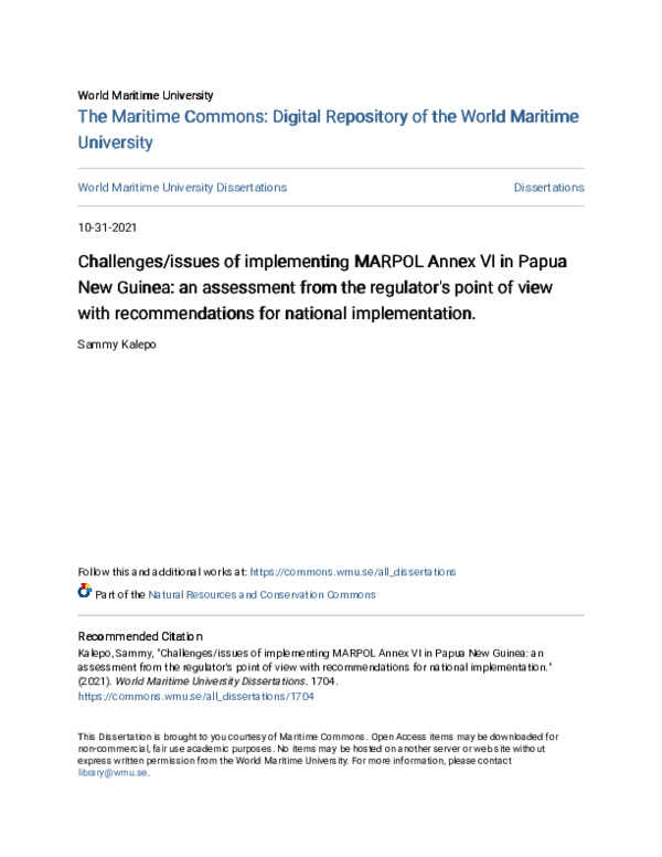 (PDF) Challenges/issues of implementing MARPOL Annex VI in Papua New ...