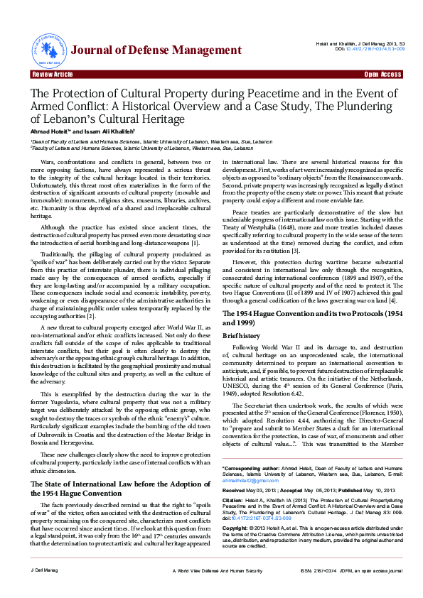 (PDF) The Protection of Cultural Property during Peacetime and in the ...