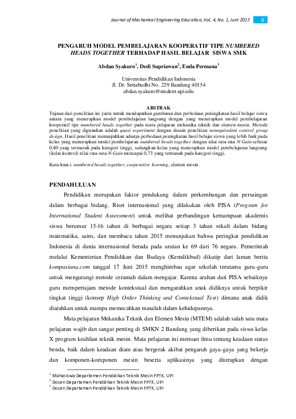(PDF) Pengaruh Model Pembelajaran Kooperatif Tipe Numbered Heads Together terhadap Hasil Belajar ...