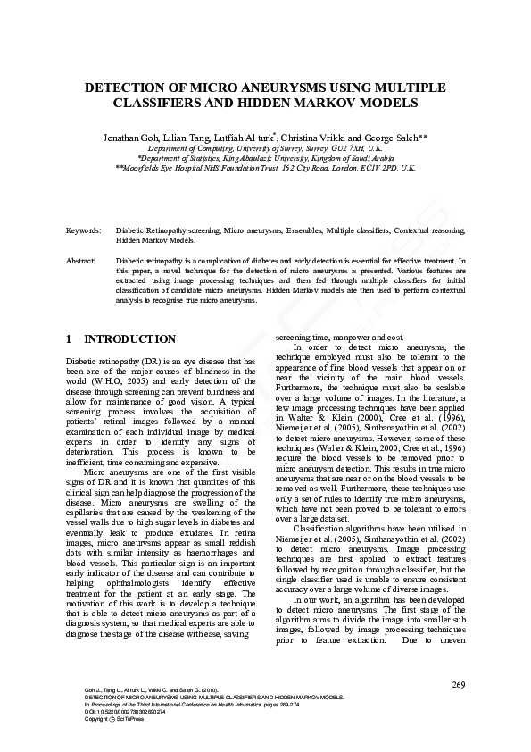(PDF) Detection of Micro Aneurysms Using Multiple Classifiers and Hidden Markov Models