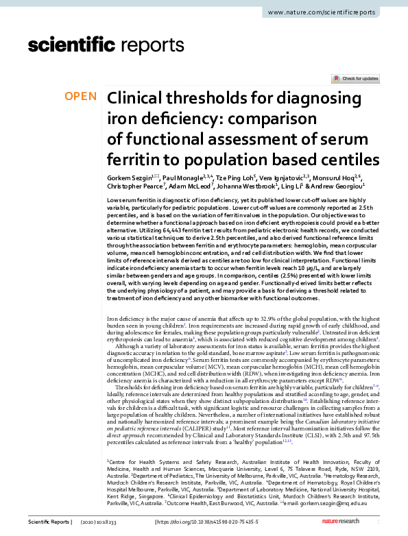 (PDF) Clinical thresholds for diagnosing iron deficiency: comparison of ...