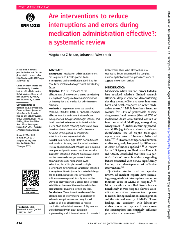 (PDF) Are interventions to reduce interruptions and errors during medication administration ...
