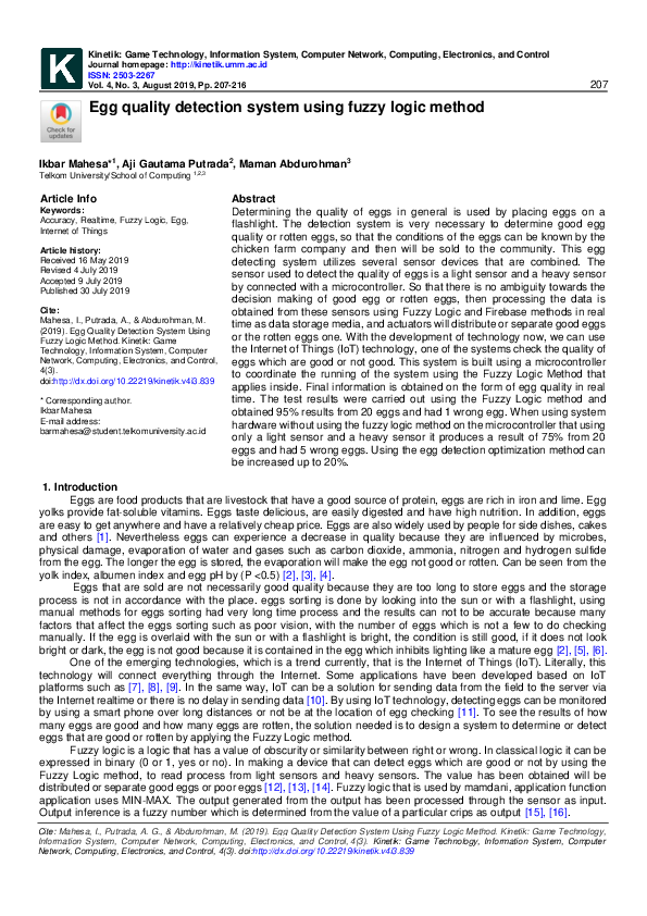 Pdf Egg Quality Detection System Using Fuzzy Logic Method