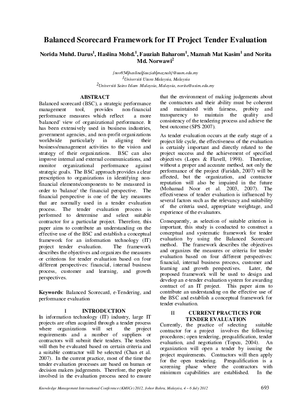 (PDF) Balanced Scorecard Framework for IT Project Tender Evaluation