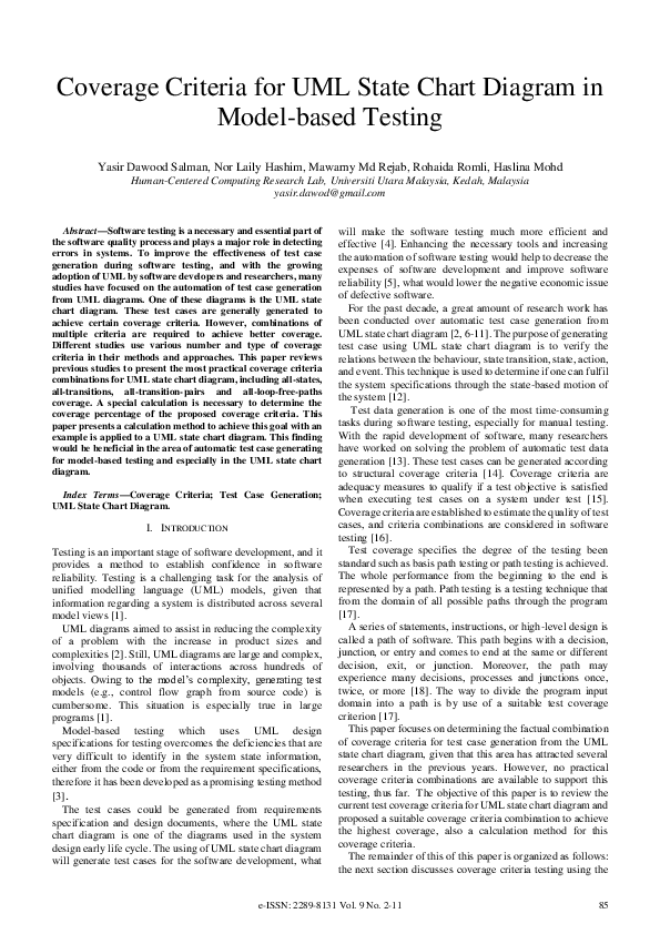 Pdf Coverage Criteria For Uml State Chart Diagram In Model Based